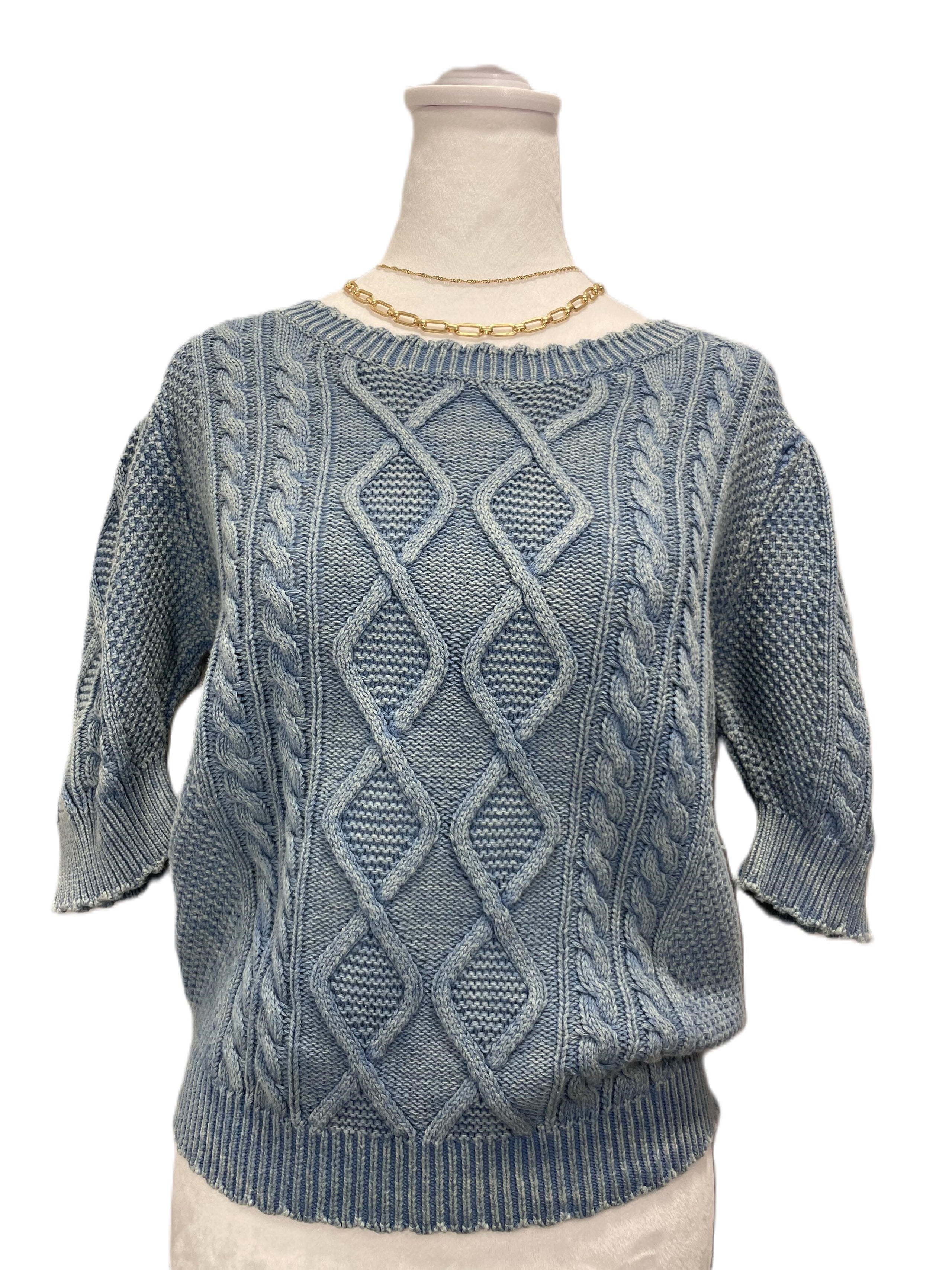 Vintage Denim Washed Cable Knit Texture Short Puff Sleeve Sweater Top ...